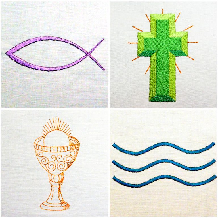 Christliche Symbole: Fisch, Kreuz, Kelch Wasser - Stickdateien